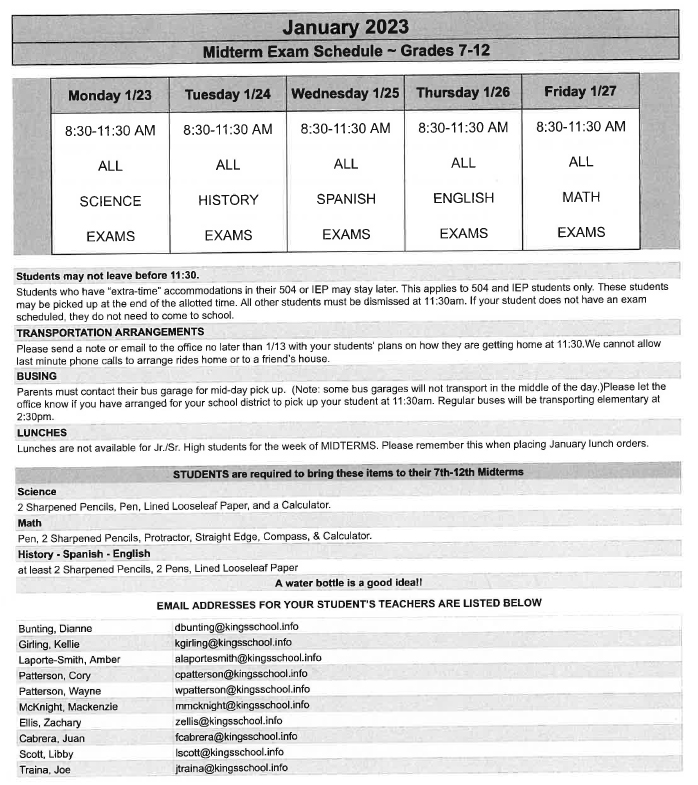 Midterm, Final and Regents Schedules - The King's School